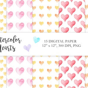 Valentine Watercolor Hearts Digital Paper Pack, 15 Seamless Heart ...
