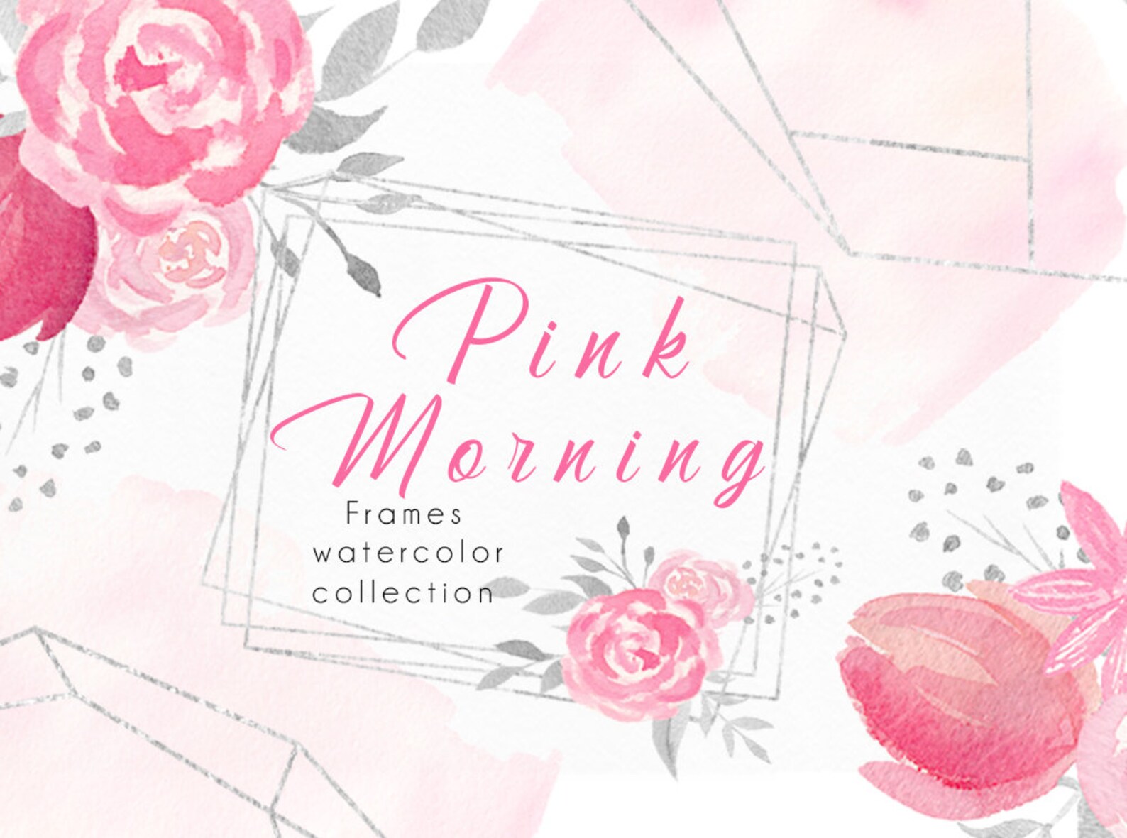 Pink floral frame watercolor clipart png poligonal geometric | Etsy