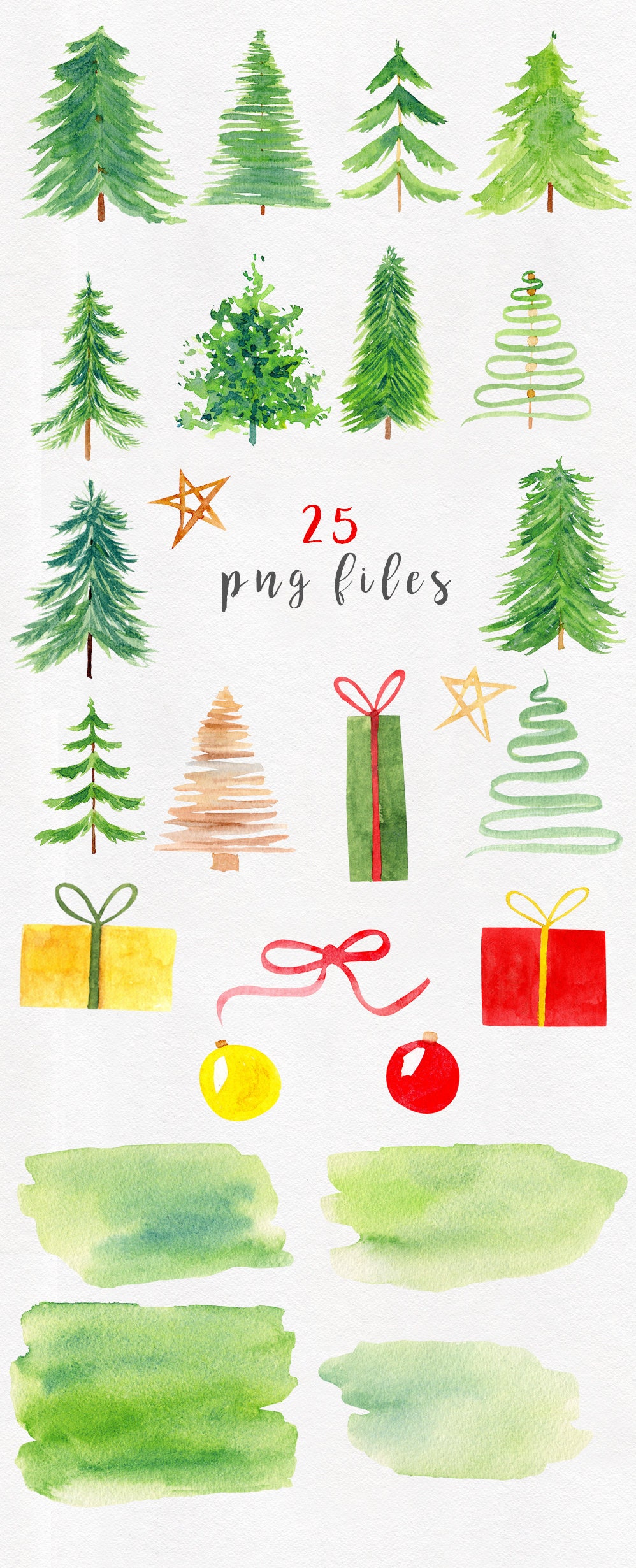 Christmas Tree Watercolor Clipart, 25 Christmas Clipar Set,hand Painted ...