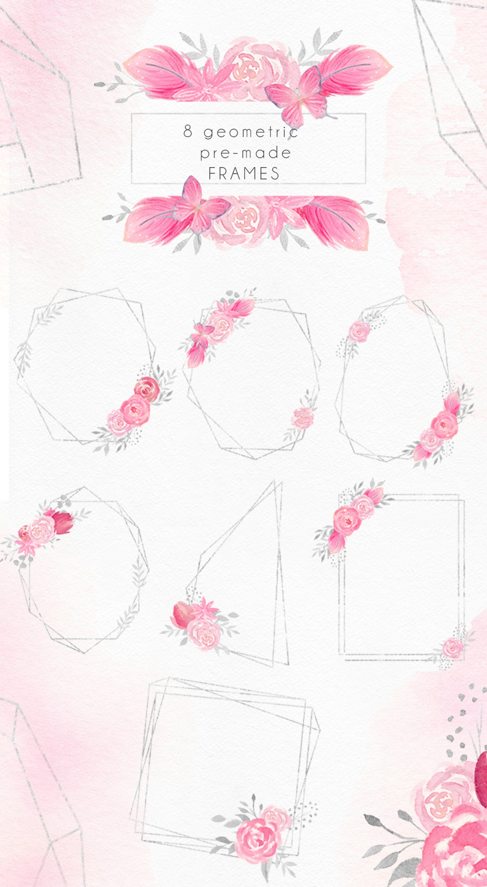 Pink floral frame watercolor clipart png poligonal geometric | Etsy