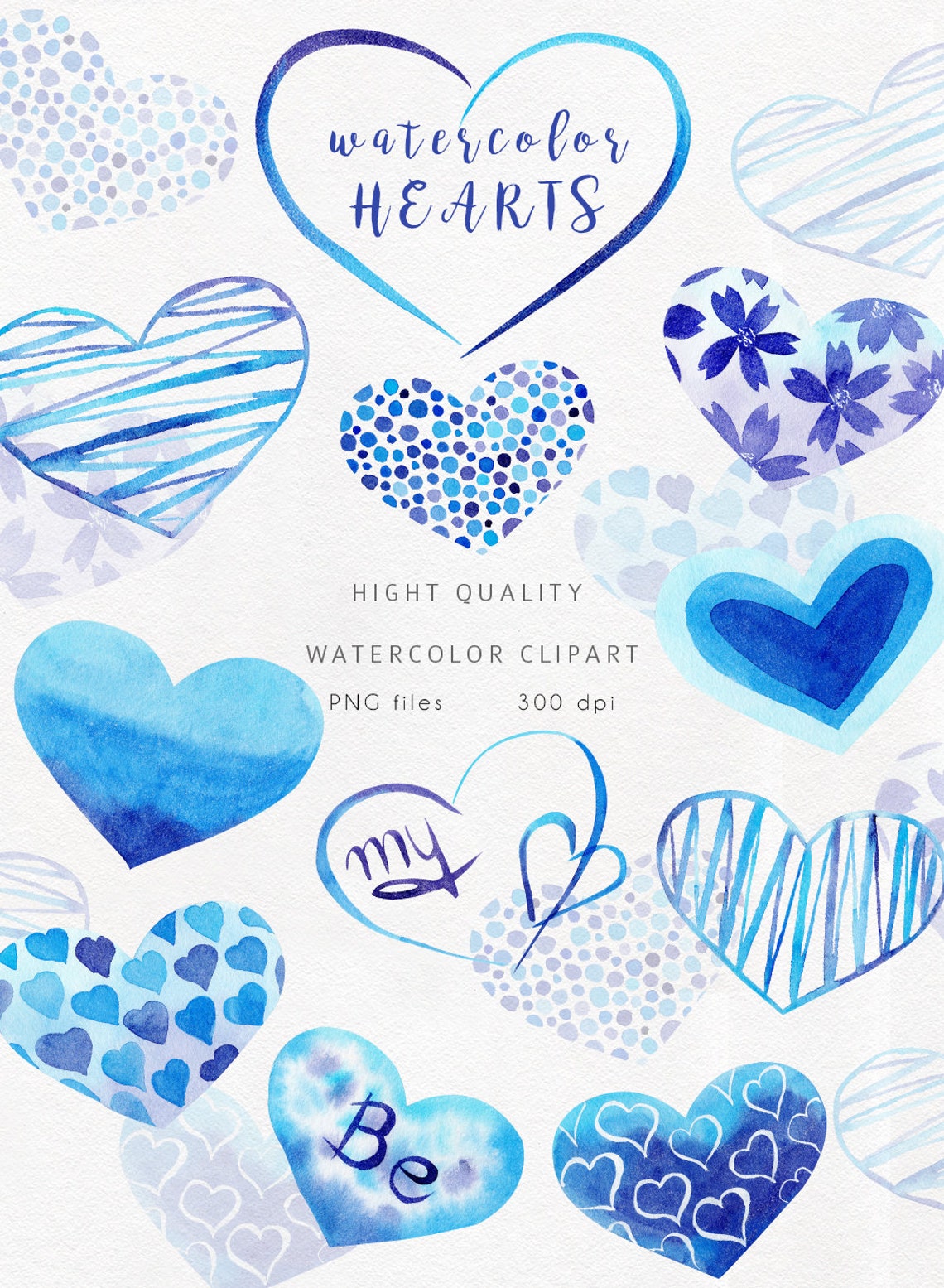 Watercolor Blue Heart Clipart. 11 Hand-painted Separate Png | Etsy