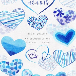 Watercolor Blue Heart Clipart. 11 Hand-painted Separate Png Elements ...