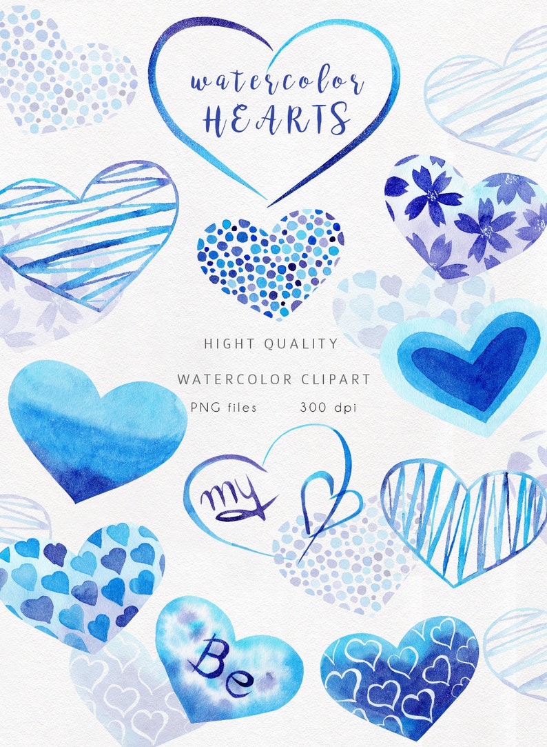 Watercolor Blue Heart Clipart. 11 Hand-painted Separate Png | Etsy