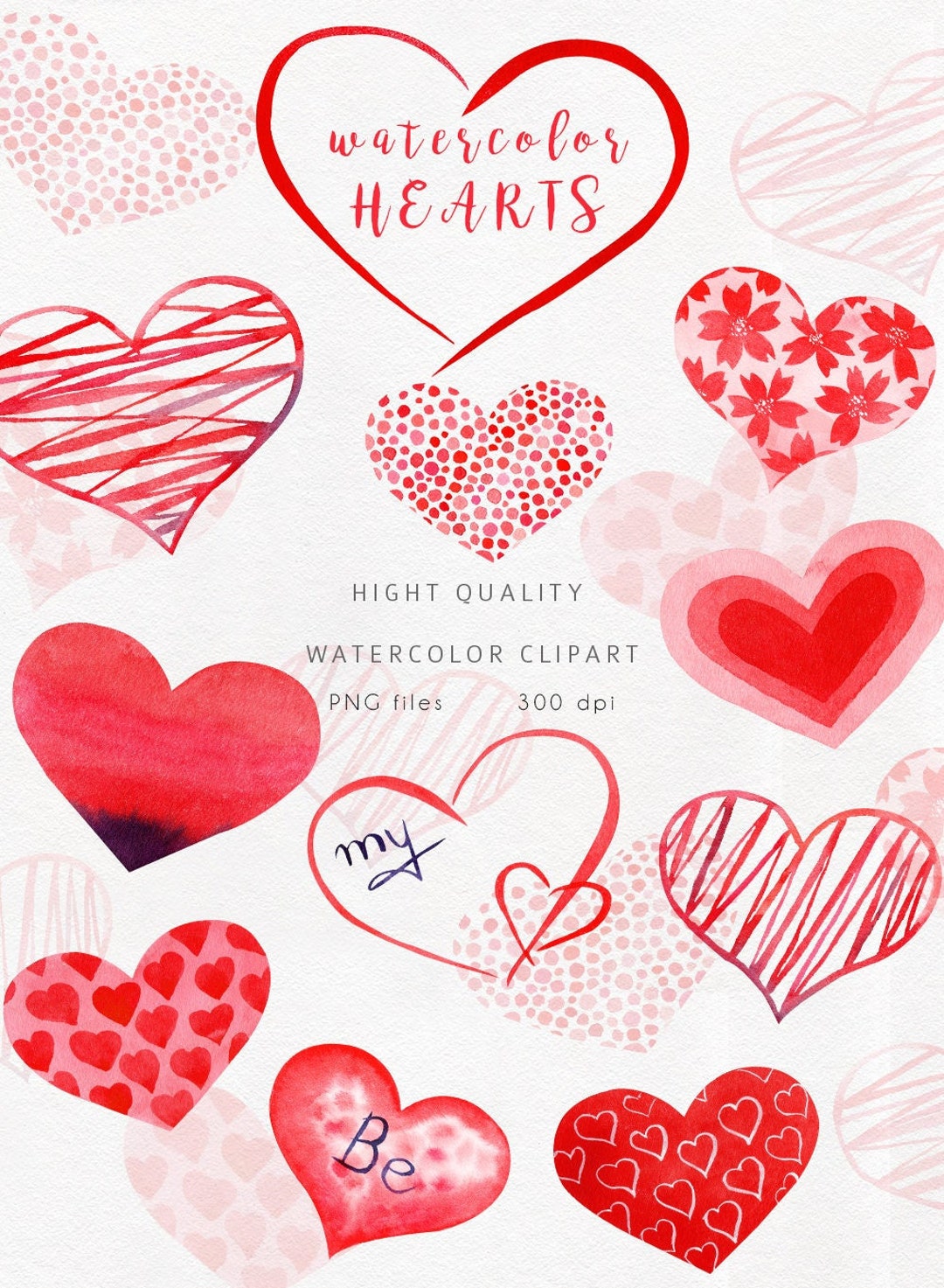 Watercolor Red Heart Clipart. 11 Hand-painted Separate Png Elements ...