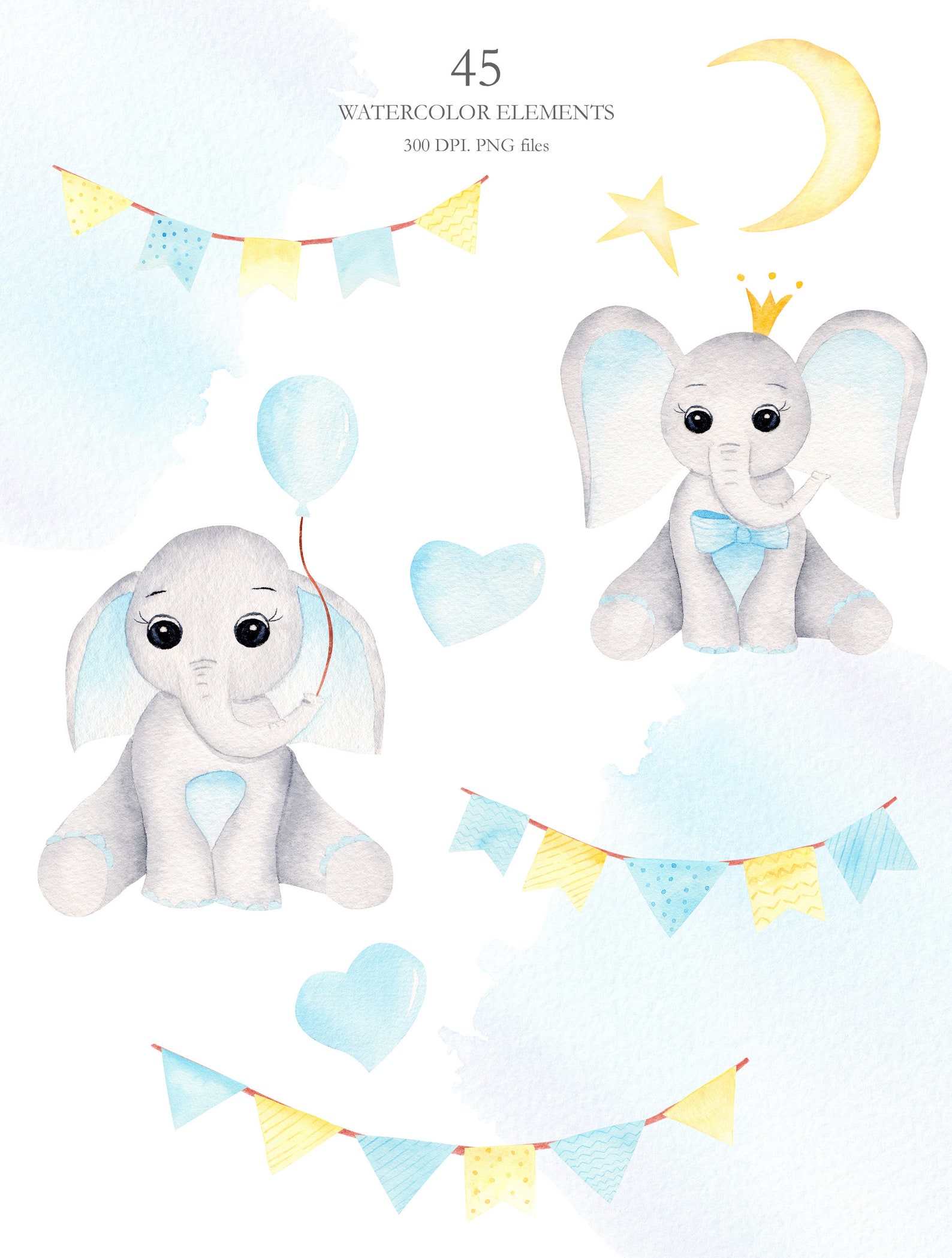 Watercolor Elephant Clipart. Baby Boy Elephant and Flower - Etsy