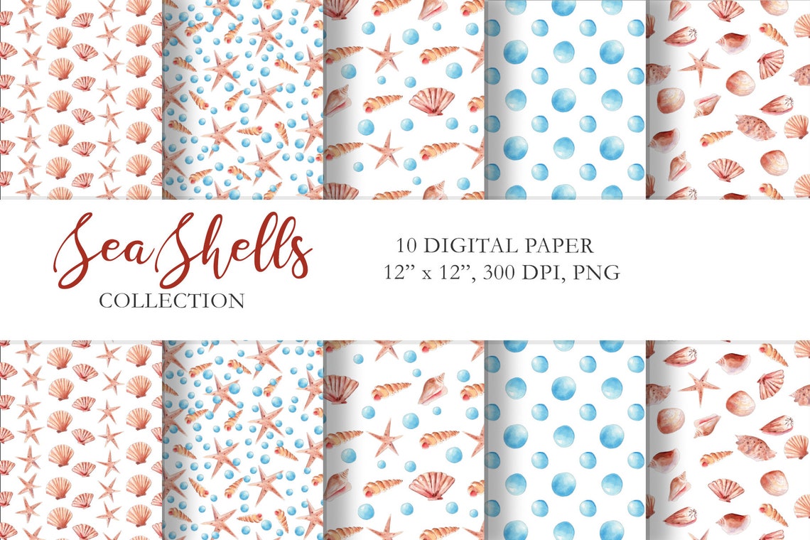 Seashell Digital Paper Pack Watercolor Shells Patterns - Etsy