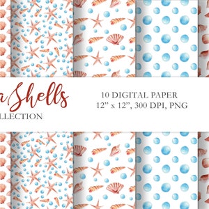 Seashell Digital Paper Pack, Watercolor Shells Patterns, Digital ...
