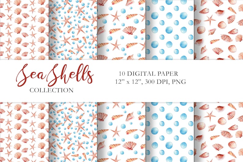 Seashell Digital Paper Pack Watercolor Shells Patterns - Etsy