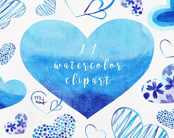 Watercolor Blue Heart Clipart. 11 Hand-painted Separate Png | Etsy