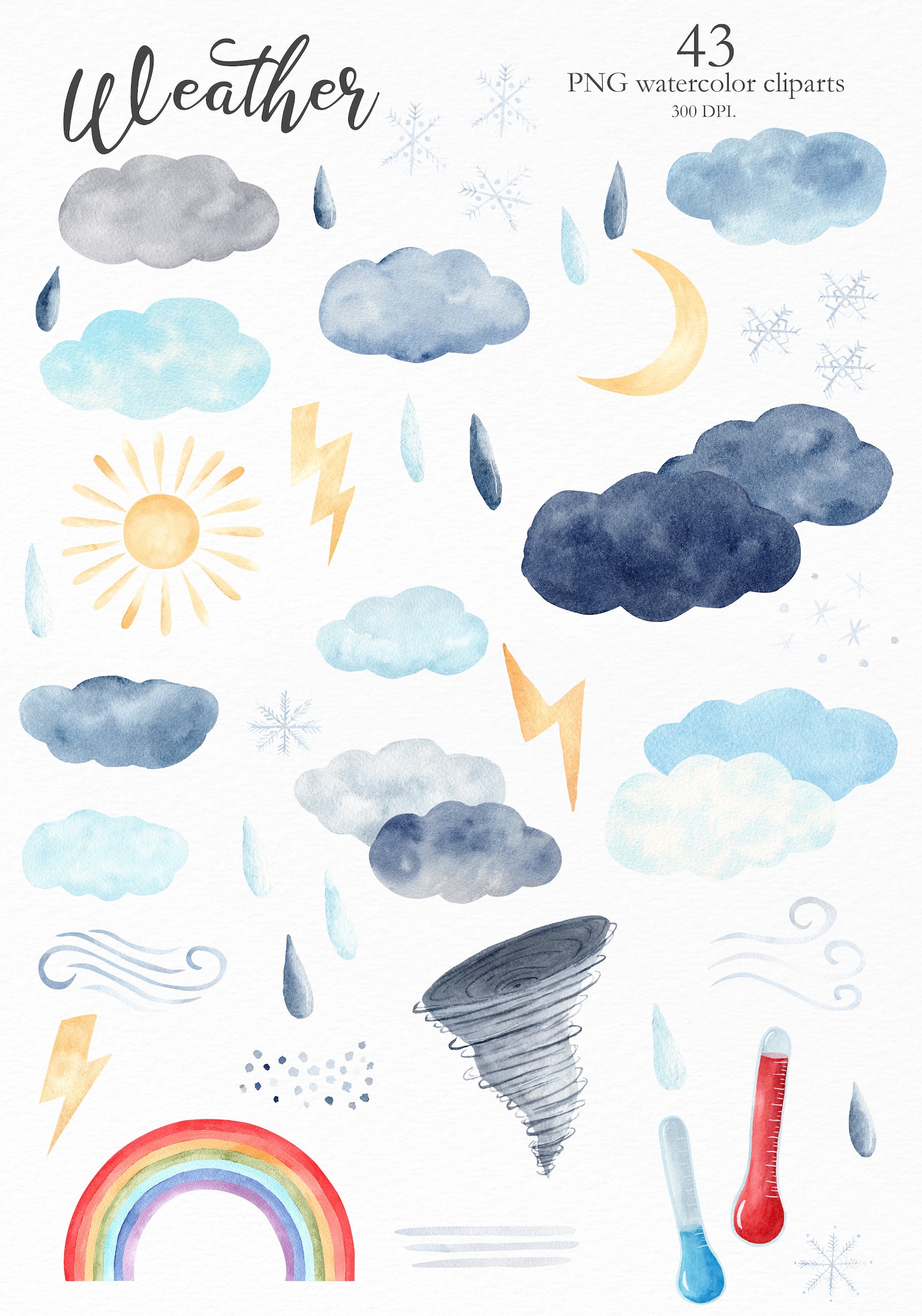 Weather Watercolor Clipart Set Cloud Sun Rainbow - Etsy Canada