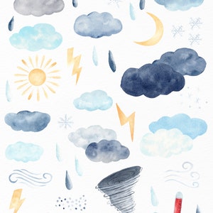 Weather Watercolor Clipart Set, Cloud Sun Rainbow Illustration, Tornado ...