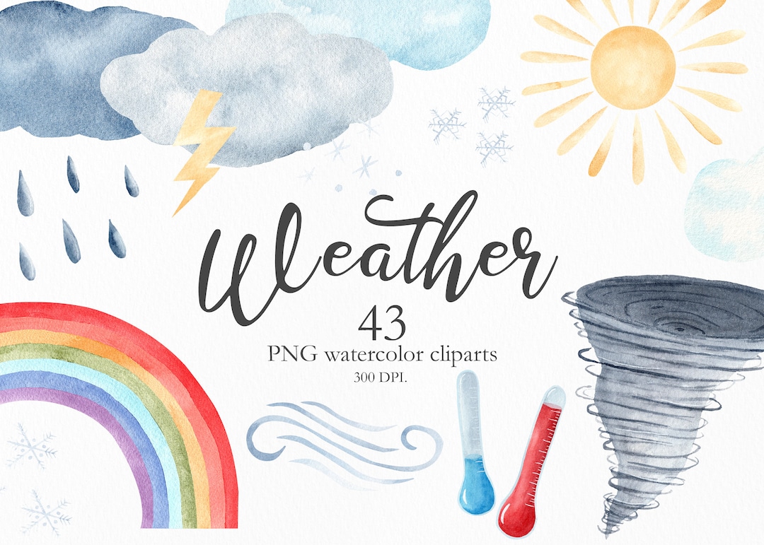 Weather Watercolor Clipart Set, Cloud Sun Rainbow Illustration, Tornado ...