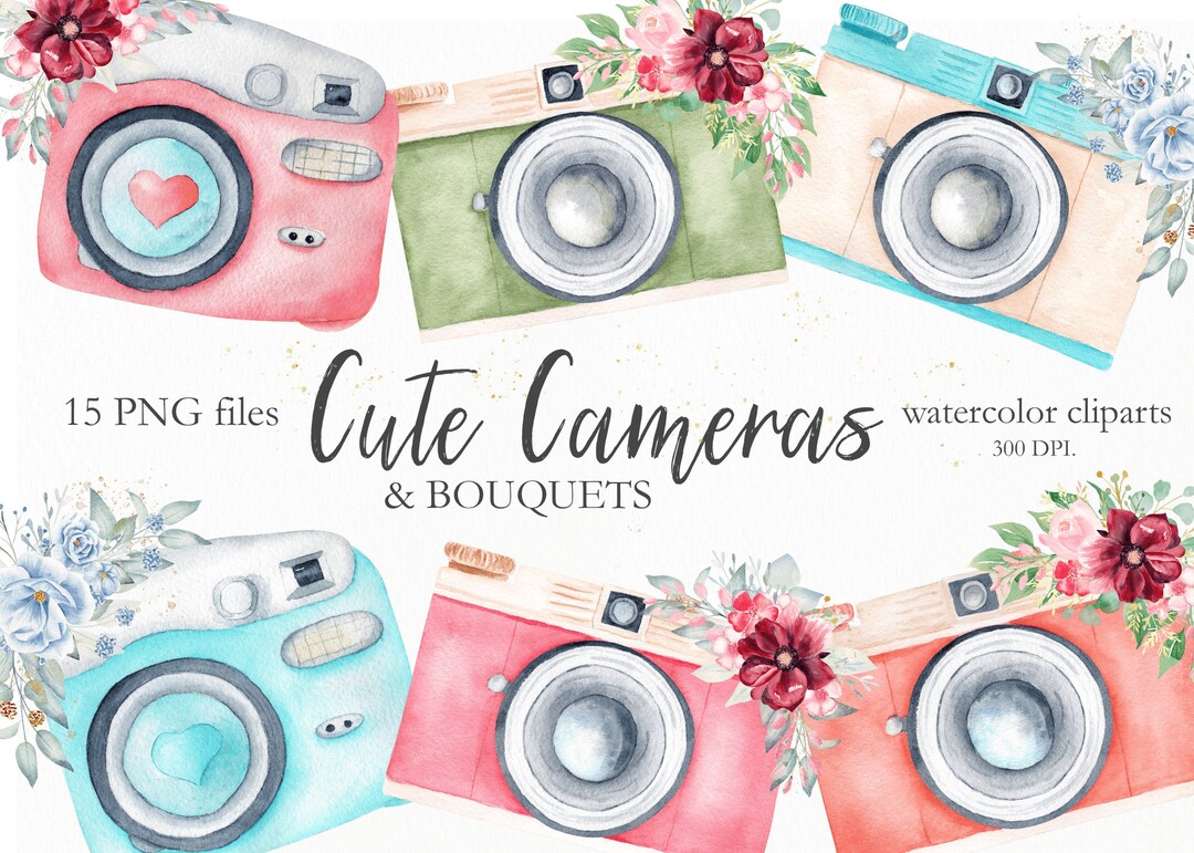 Camera Watercolor Clipart, Photography Logo Vintage Camera, Cute Travel ...