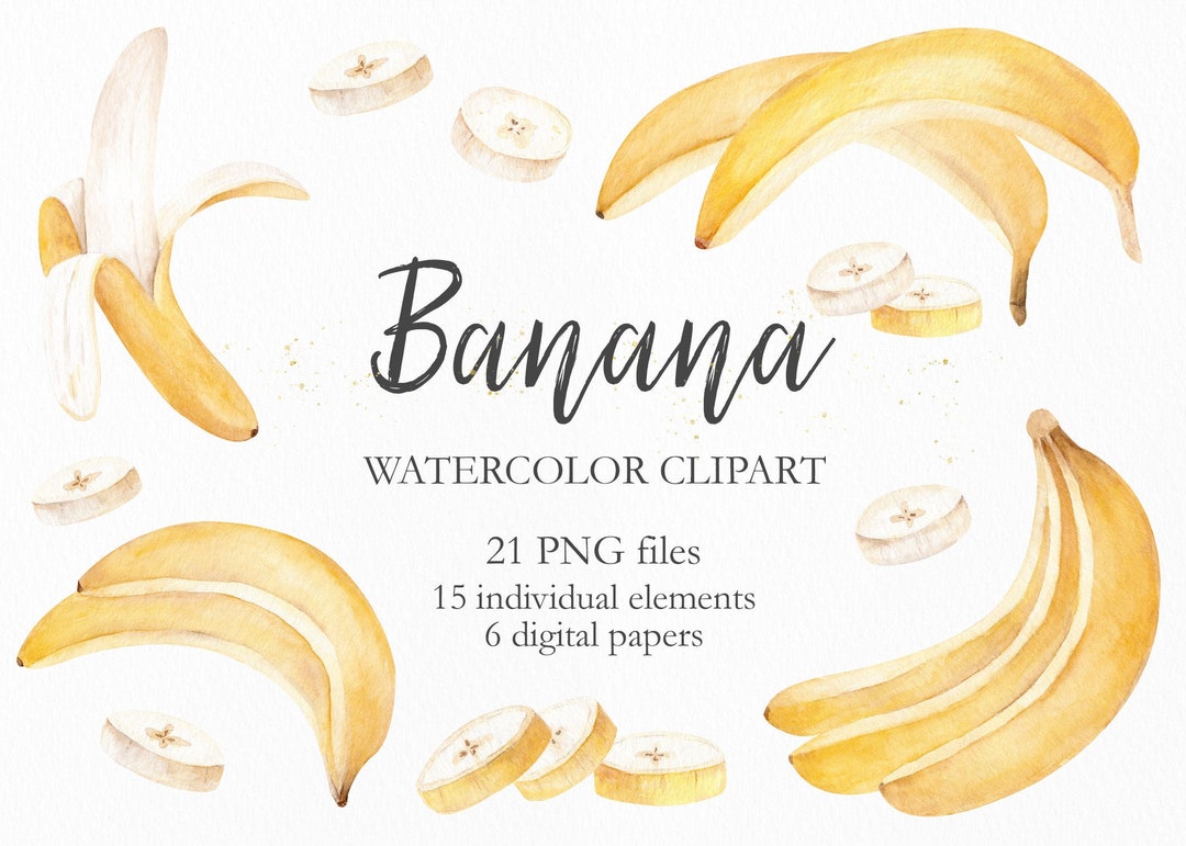 Banana Summer Fruit Watercolor Clipart & Digital Paper Pack, Tropical ...