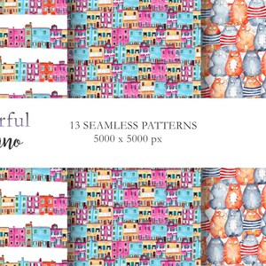 Watercolor Cats and Houses Digital Paper . Cute Cats and Burano Houses ...