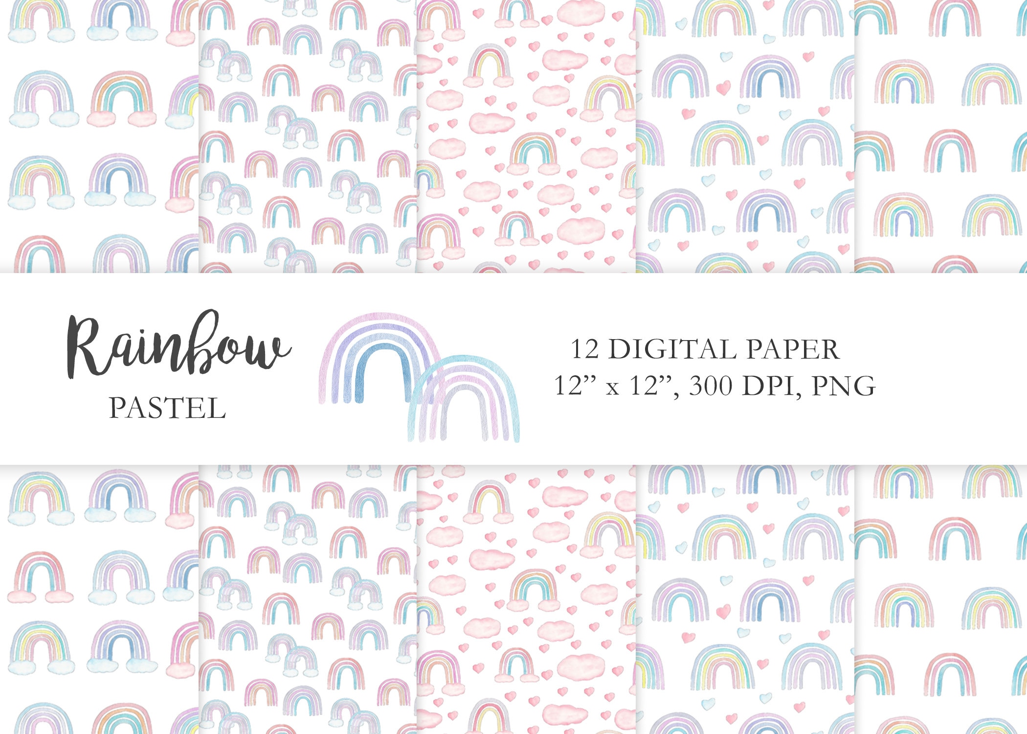 Watercolor Pastel Rainbow Digital Paper, Rainbow Baby Shower Pattern ...