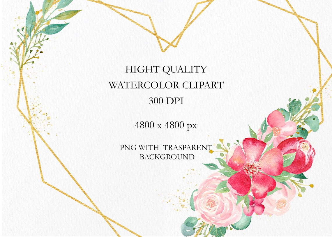 Watercolor Gold Floral Heart Frame Clipart Valentine Day - Etsy