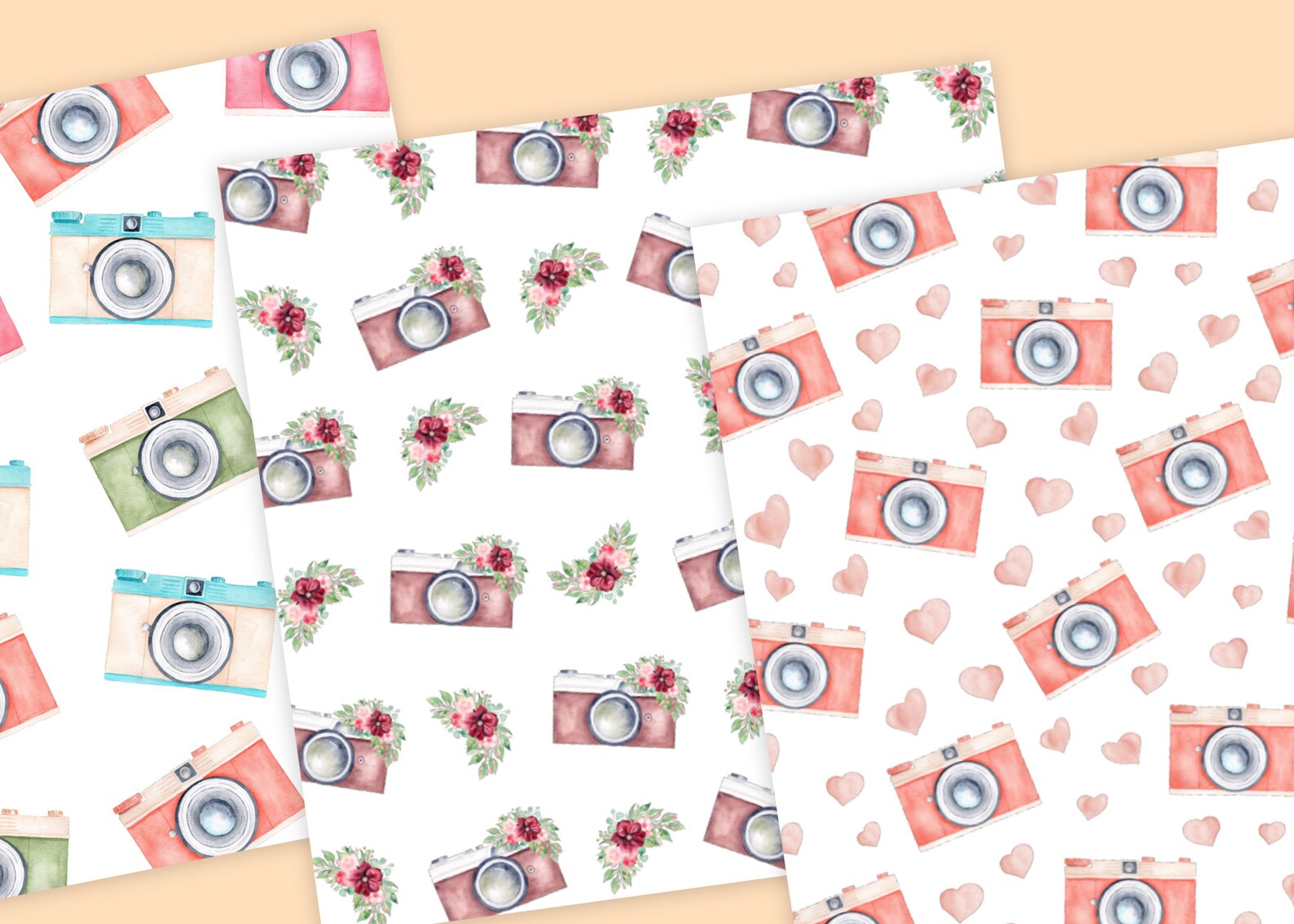 Watercolor Vintage Camera Digital Paper, Retro Floral Photo Camera ...