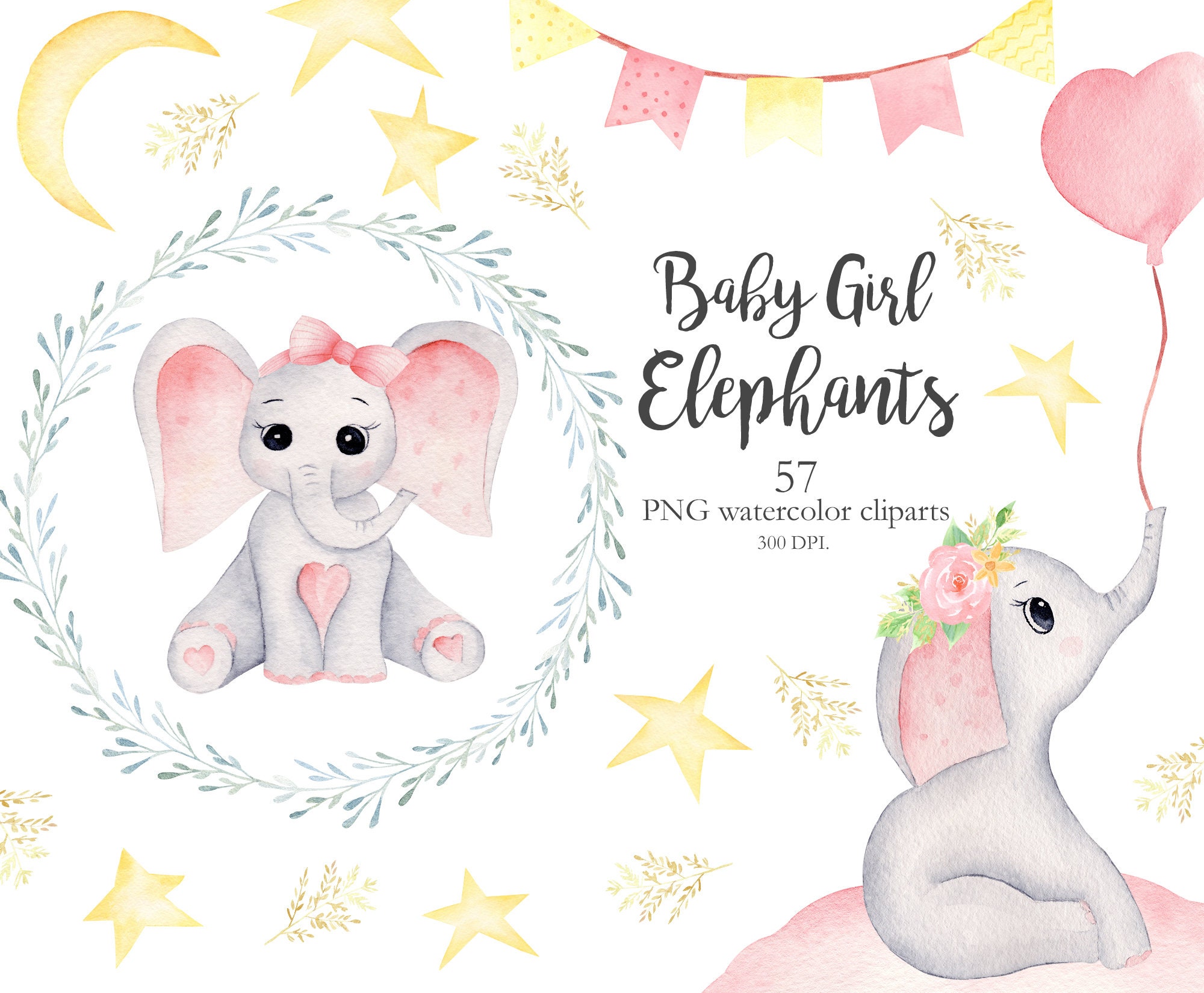 Watercolor Baby Elephant Clipart. Cute Pink Little Girl - Etsy