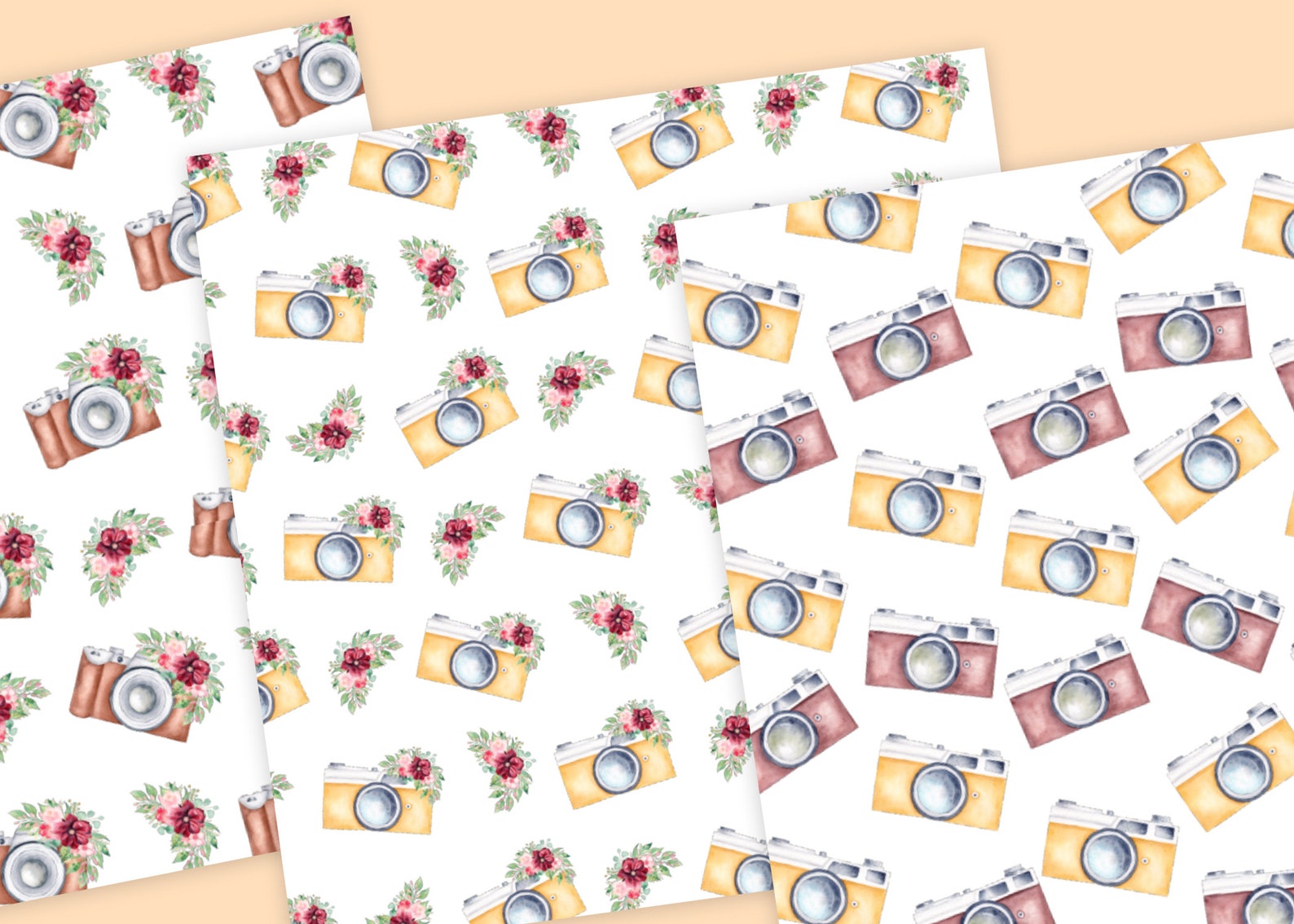 Watercolor Vintage Camera Digital Paper, Retro Floral Photo Camera ...