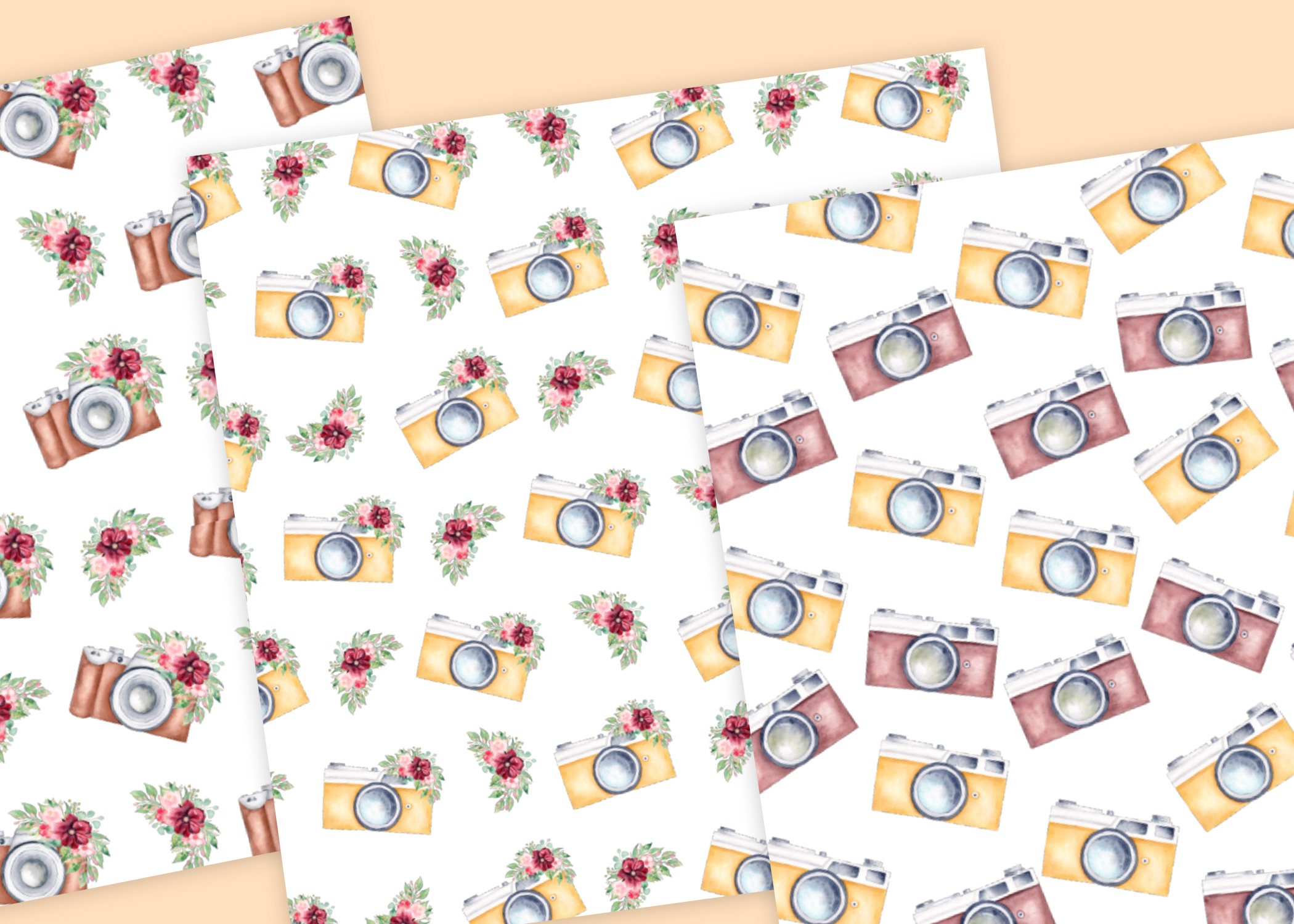 Watercolor Vintage Camera Digital Paper Retro Floral Photo - Etsy