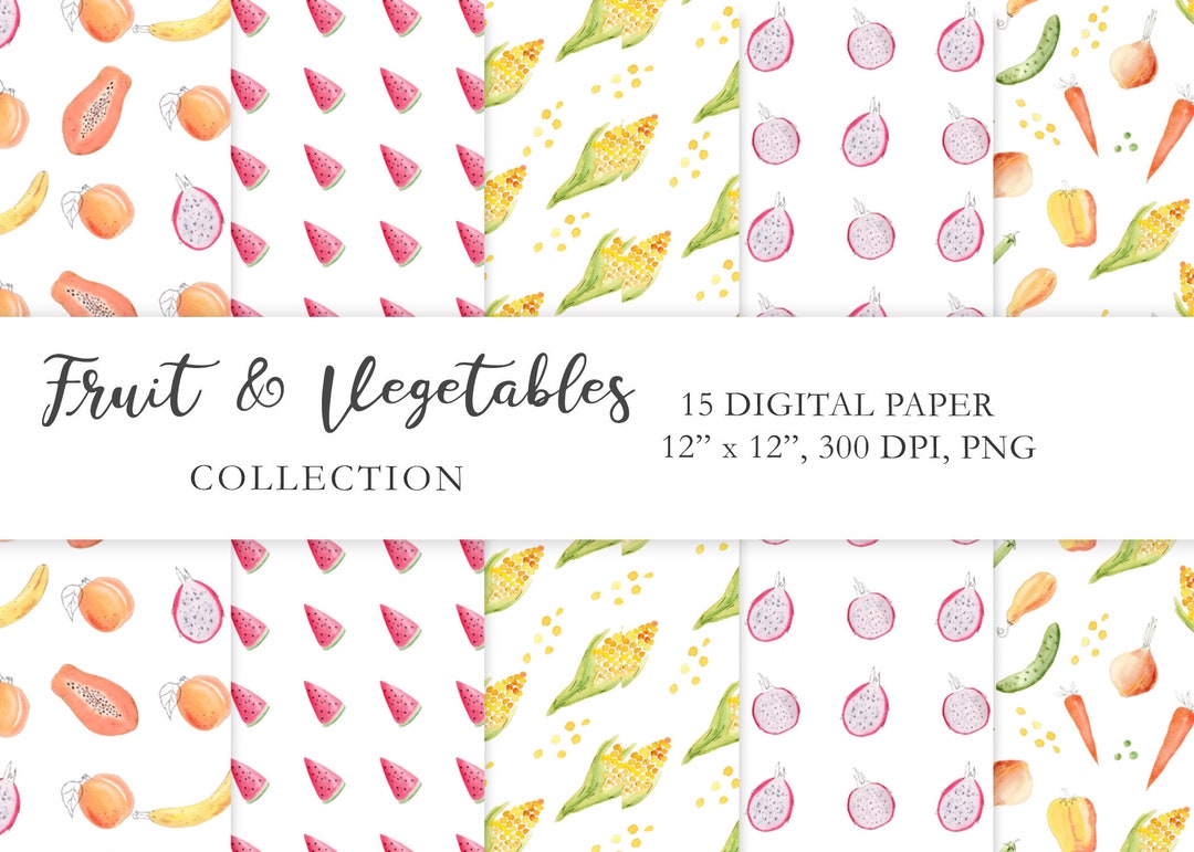 Fruit & Vegetables Watercolor Digital Papers, 15 Summer Seamless ...