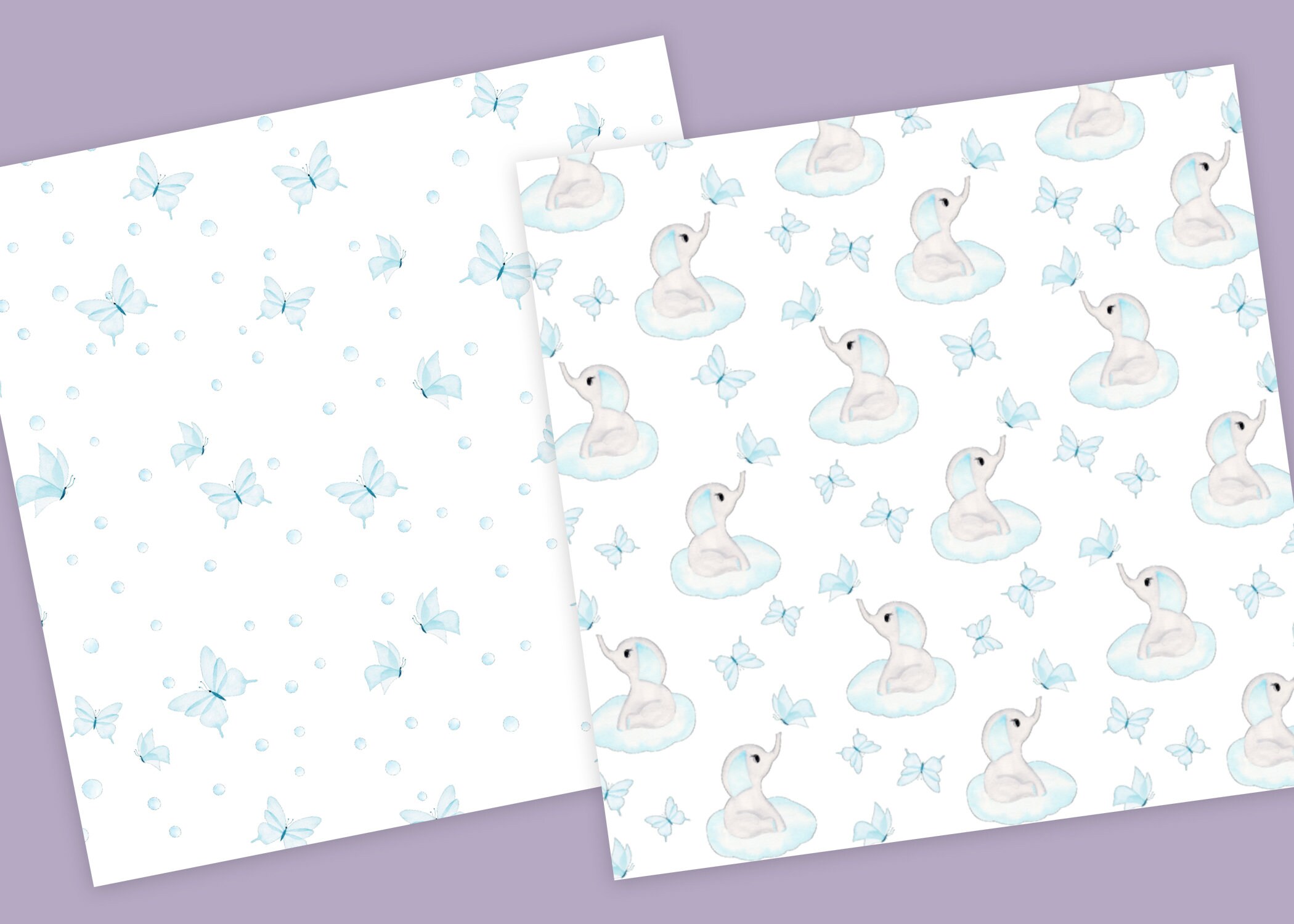 Digital Paper Watercolor Baby Boy Elephant, Baby Paper Pack, Nursery ...