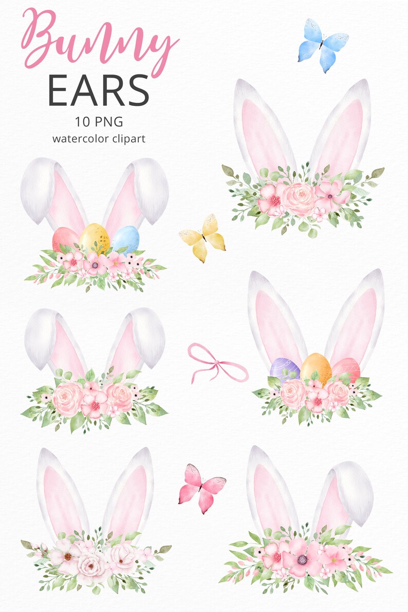 Bunny Ears Watercolor Clipart Floral Easter Clip Art Spring | Etsy