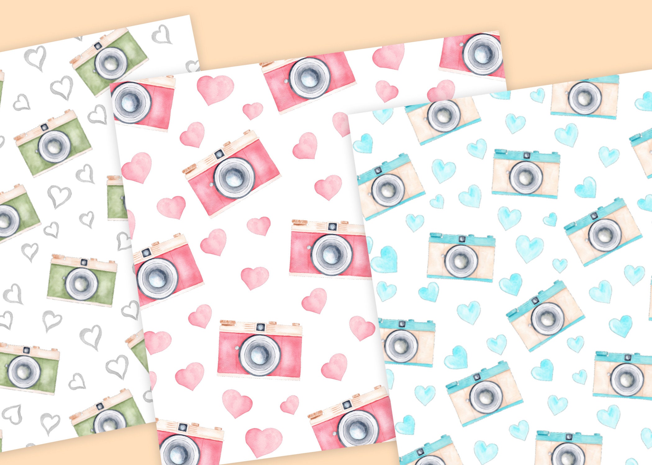 Watercolor Vintage Camera Digital Paper, Retro Floral Photo Camera ...