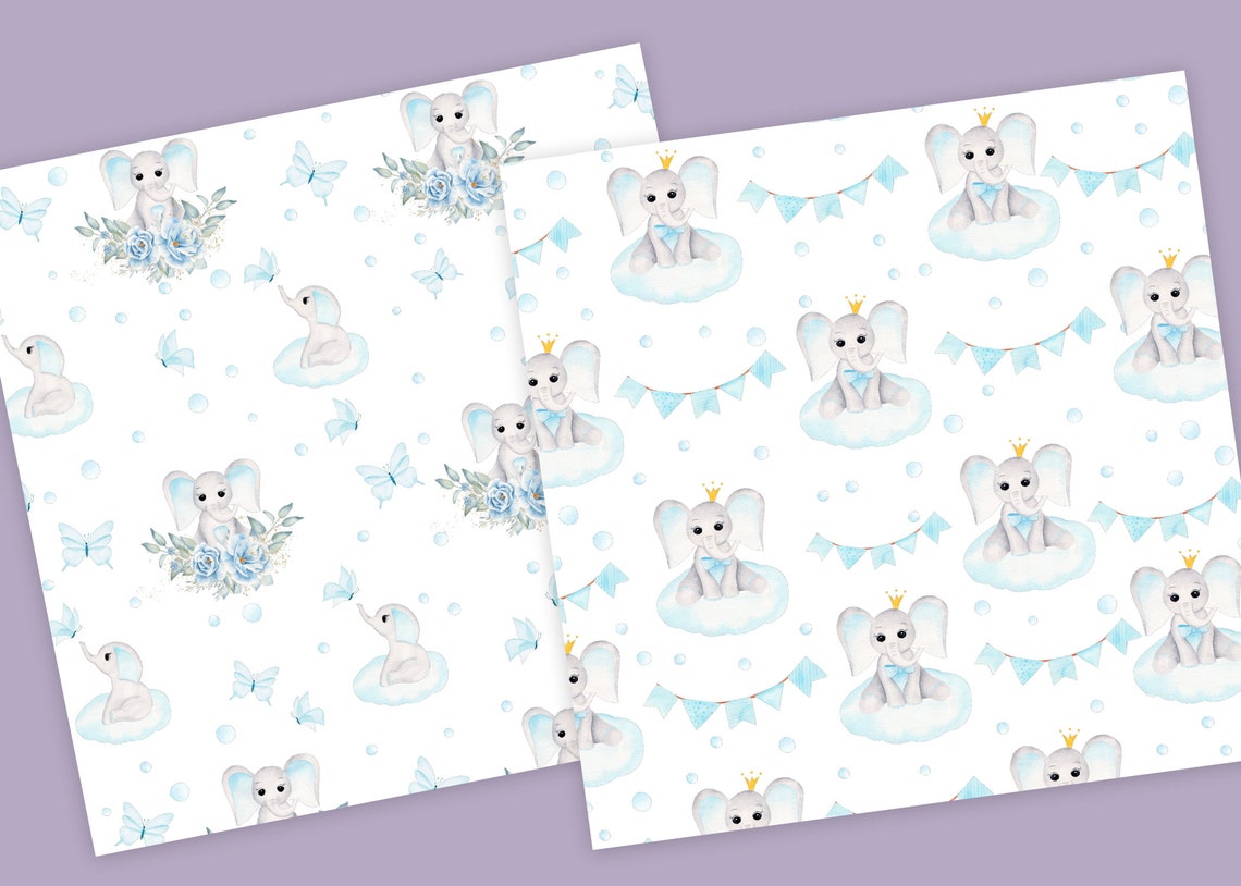 Digital Paper Watercolor Baby Boy Elephant Baby Paper Pack | Etsy