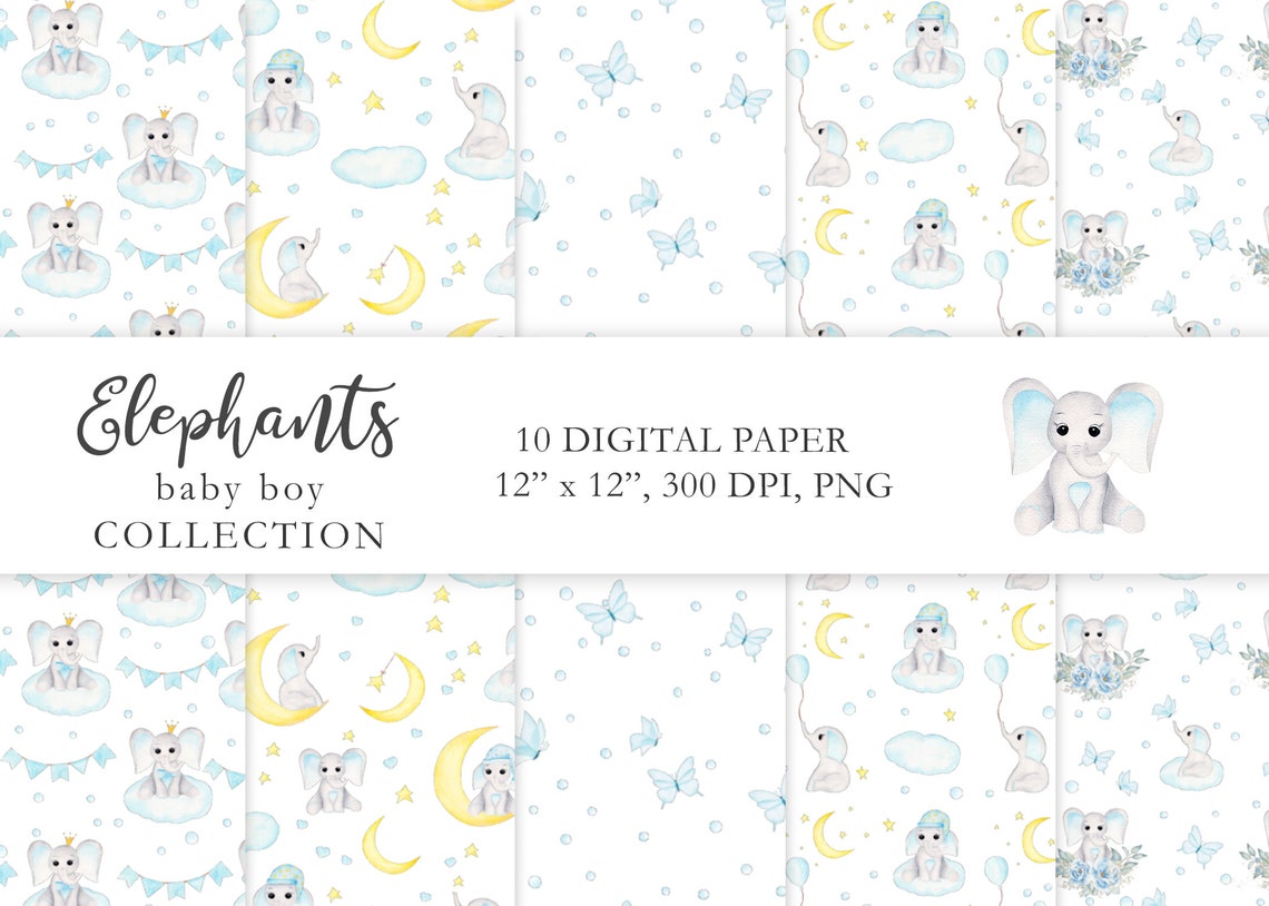 Digital Paper Watercolor Baby Boy Elephant Baby Paper Pack | Etsy