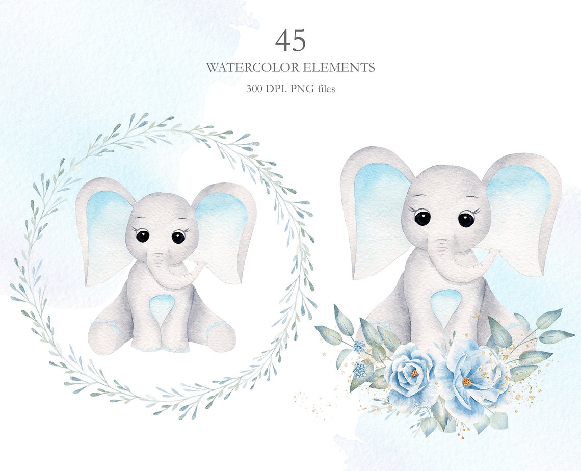 Watercolor Elephant Clipart. Baby Boy Elephant and Flower - Etsy