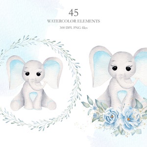 Watercolor Elephant Clipart. Baby Boy Elephant and Flower, Decor Clip ...