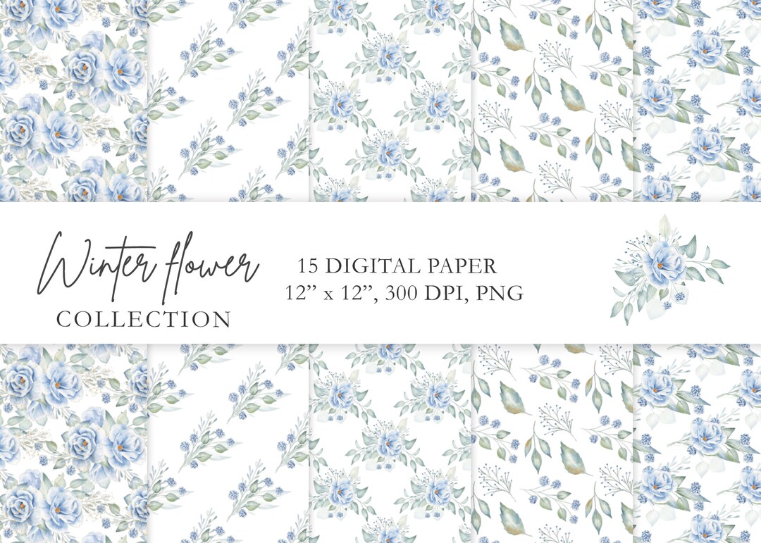 Watercolor Floral Digital Paper, Blue Winter Flower & Greenery Pattern ...