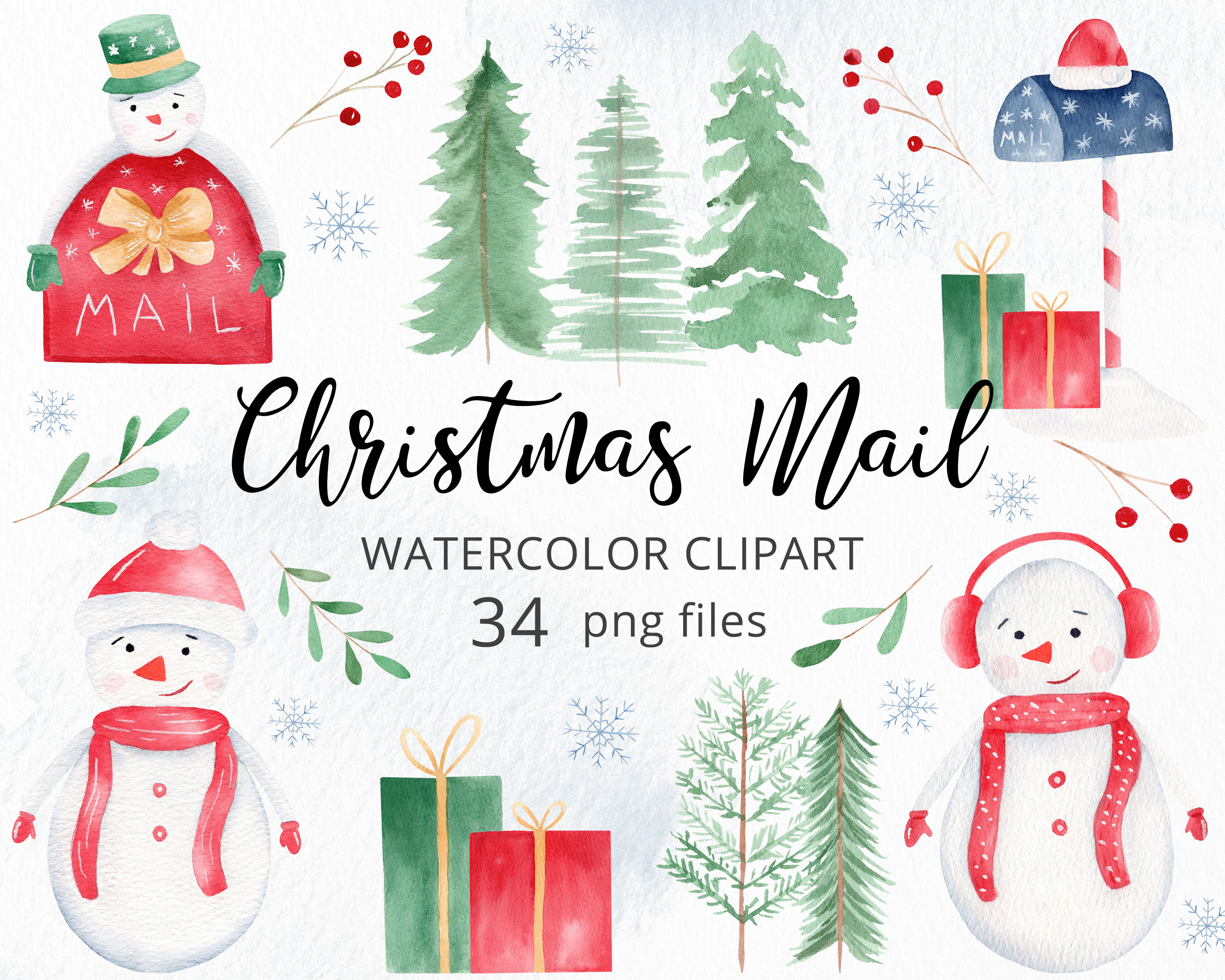 Christmas Watercolor Clipart Mail for Santa Claus Snowman - Etsy