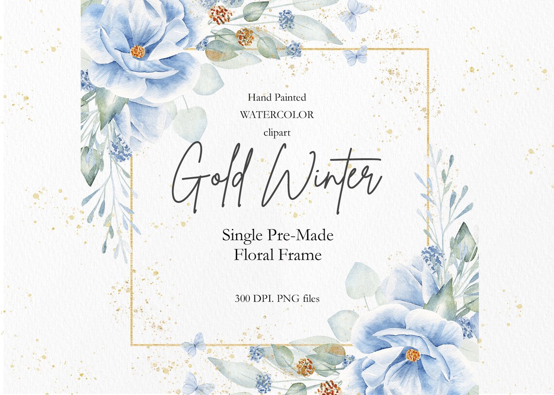 Watercolor Floral Frame Blue Flower & Greenery Geometric - Etsy
