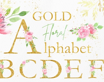 Floral Gold Watercolor Alphabet Clipart Pink Floral Letters - Etsy