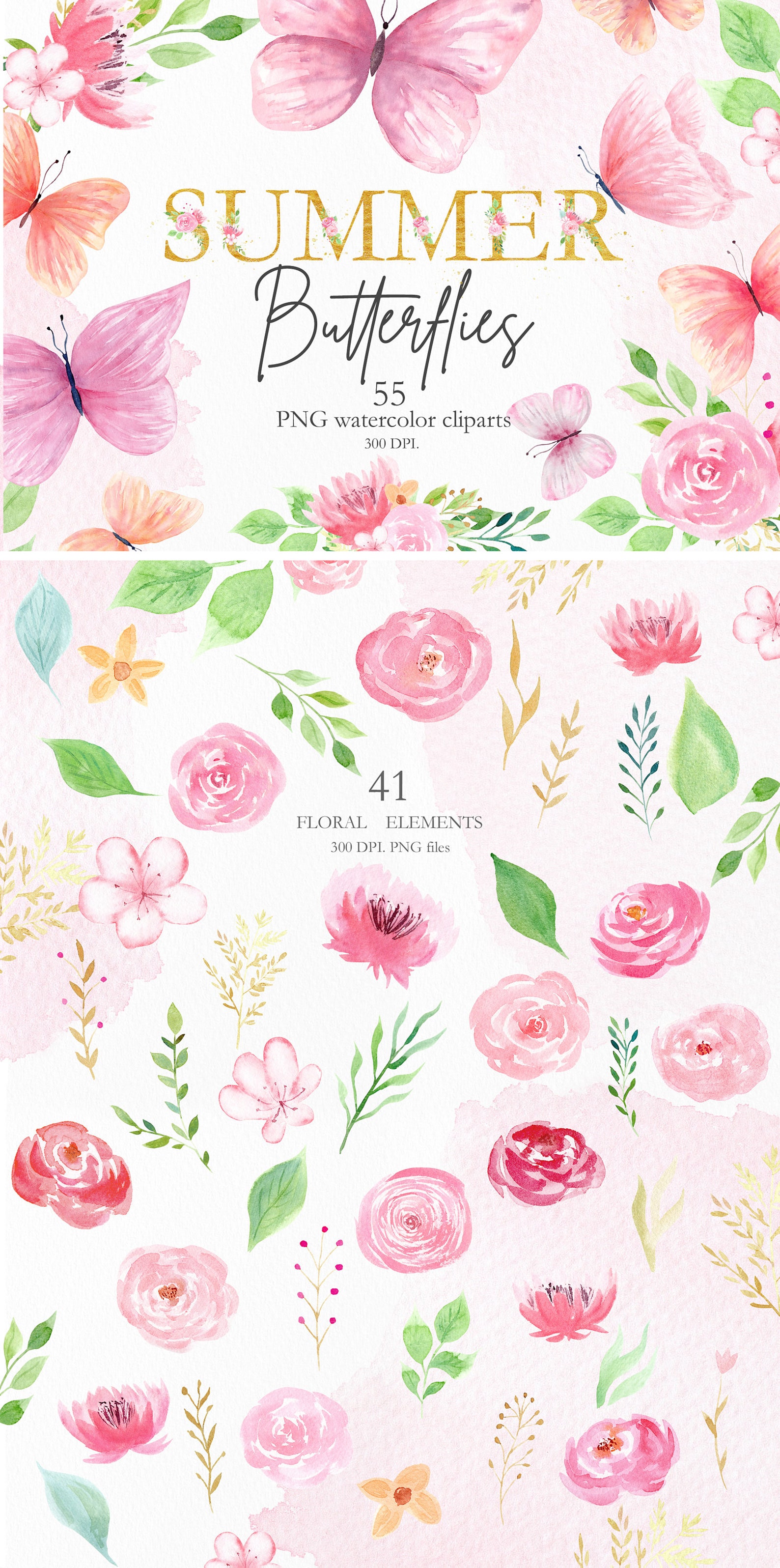 Watercolor Summer Butterfly Clipart 55 Floral Elements and - Etsy