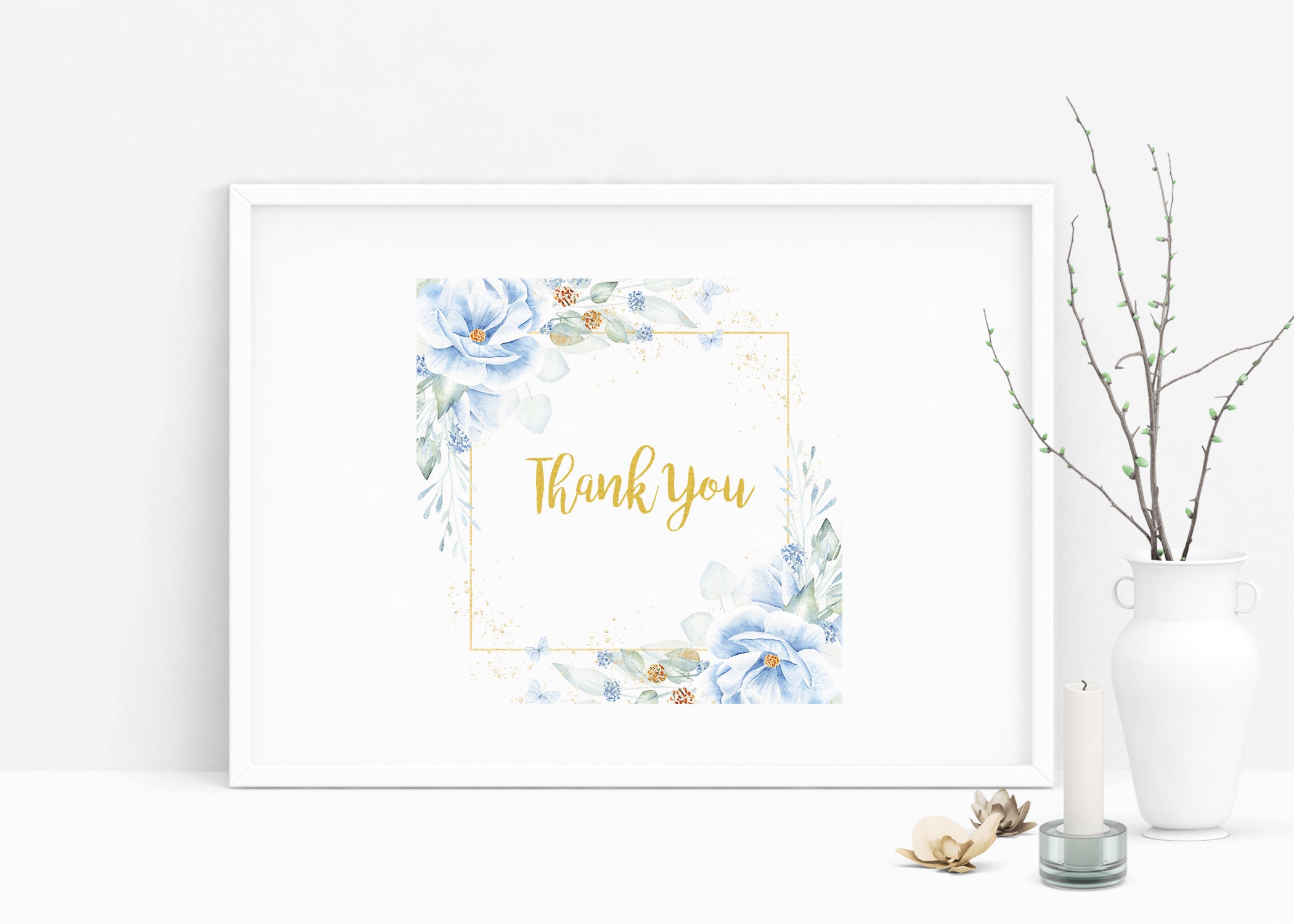 Watercolor Floral Frame Blue Flower & Greenery Geometric - Etsy