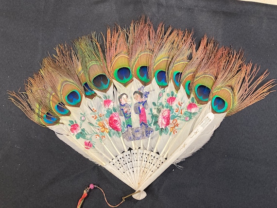 Antique Hand Painted Peacock Feather Fan FREE SHIPPING - Etsy