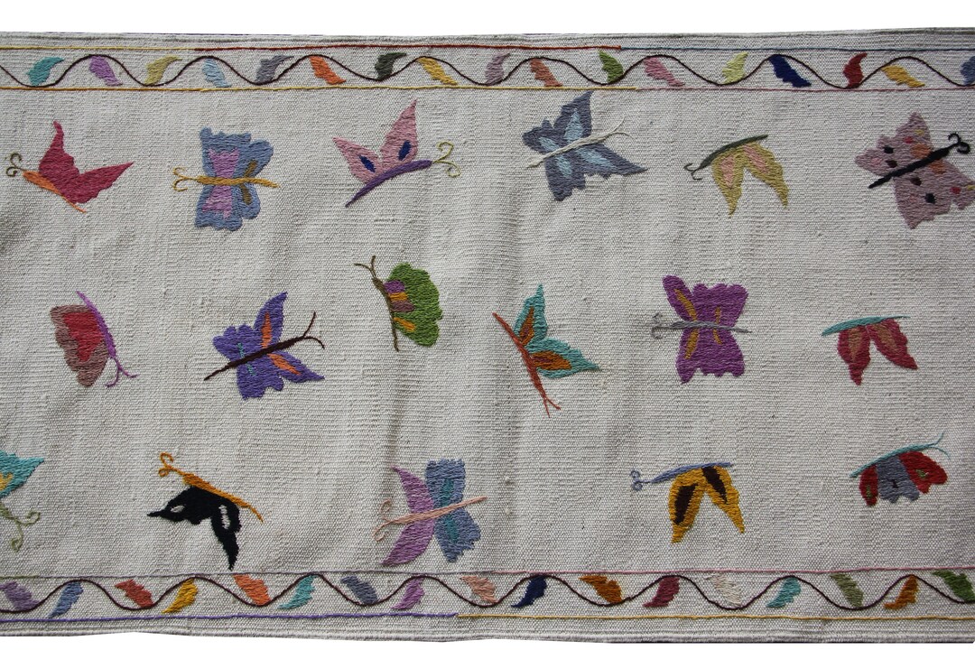Pictorial Rug, Butterflies Rug, Children Rug, Embroidered Rug, Hooked ...