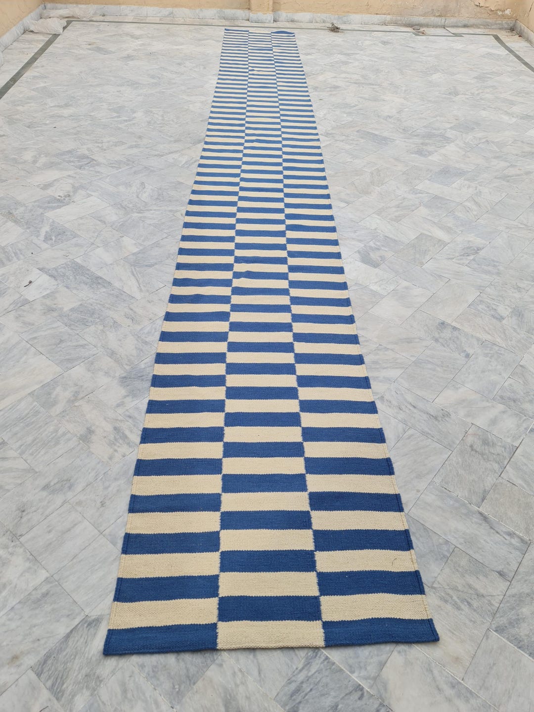 White and Blue Runner Rug, Corridor Rug, Extra Long Rug, Hallway Runner ...