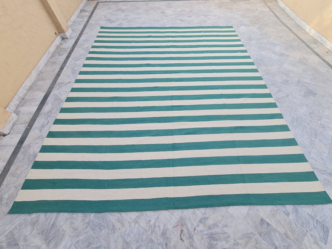 Off White and Green Striped Rug, 8x10 Striped Rug, 9x12 Kilim Rug ...