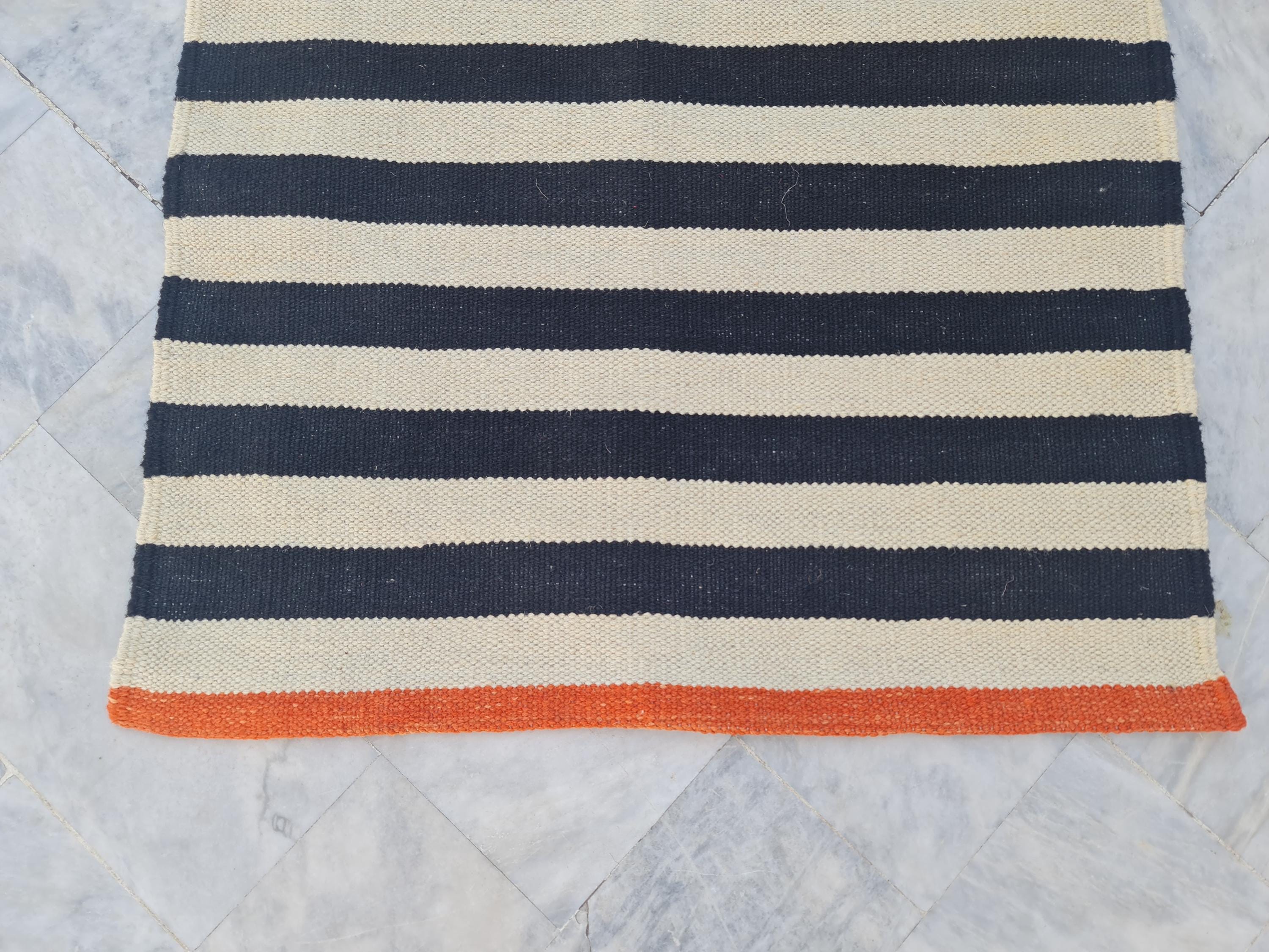 Long Area Rug, White Black Orange Rug, Wool Rug, Hallway Runner, Office ...