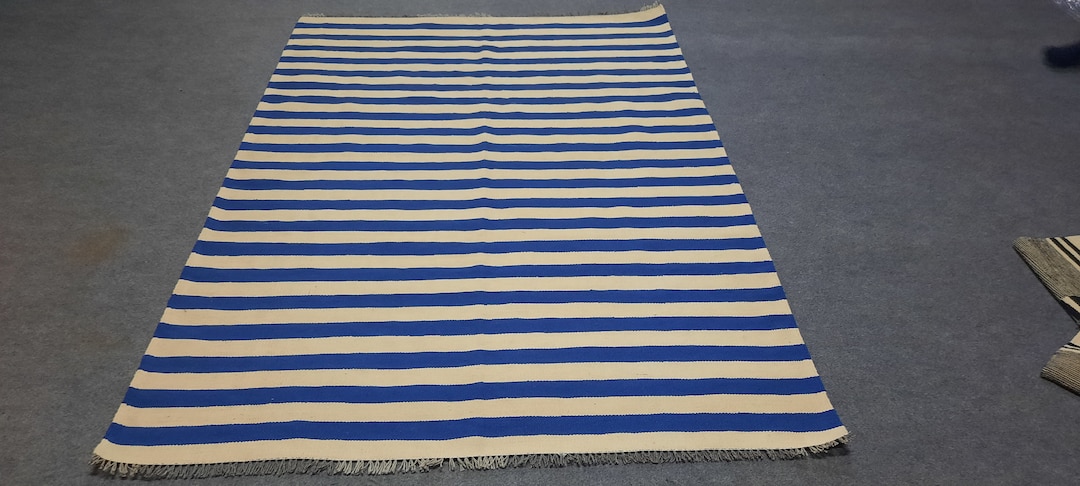 Blue and White Striped Rug, Kilim Rug, Dhurrie Rug, Wool Rug, Large ...