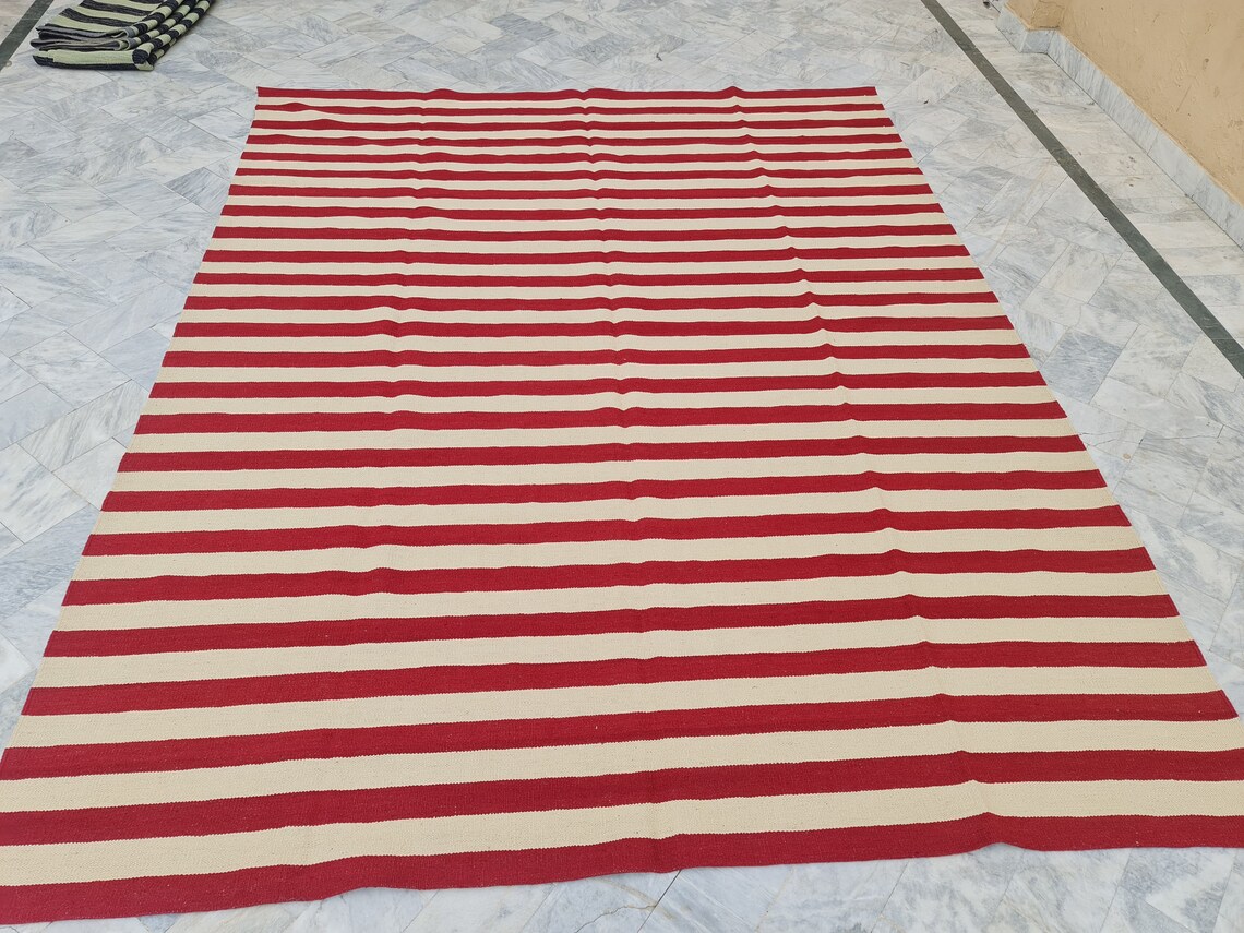 Red and White Striped Kilim Rug, Stripe Area Rug, 8x10 Striped Rug ...