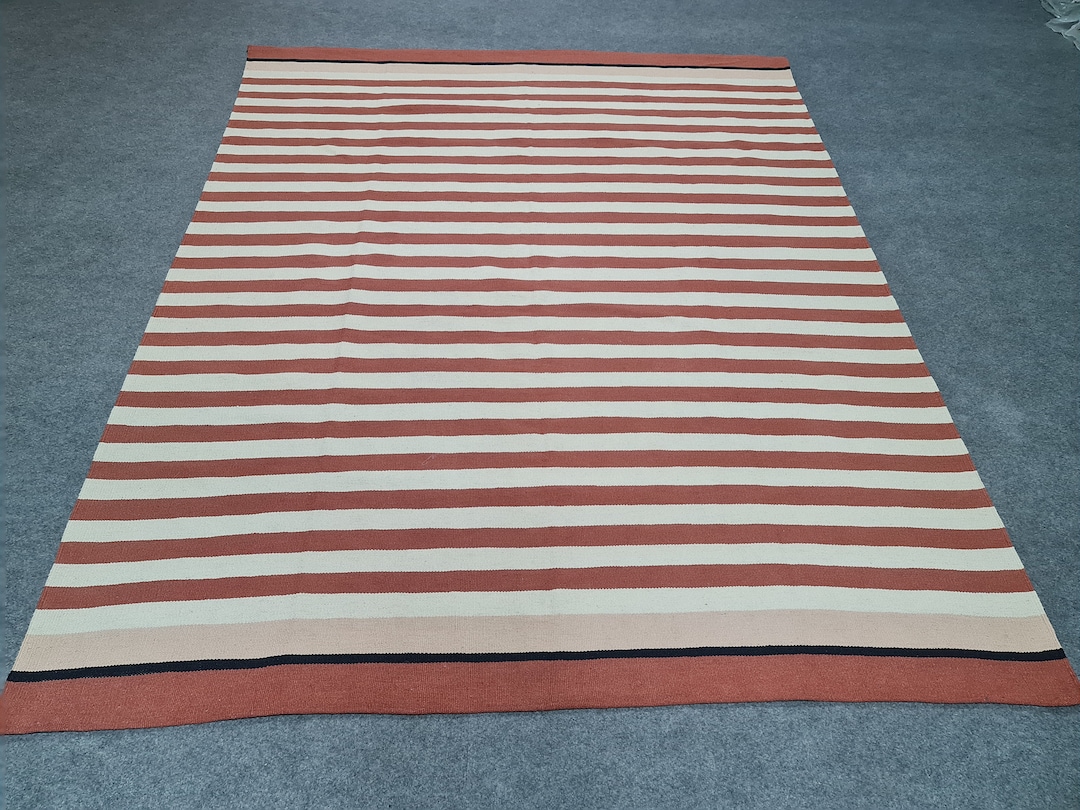 Rust and White Striped Rug, Kilim Rug, Rustic Rug, Stripe Rug, Living ...