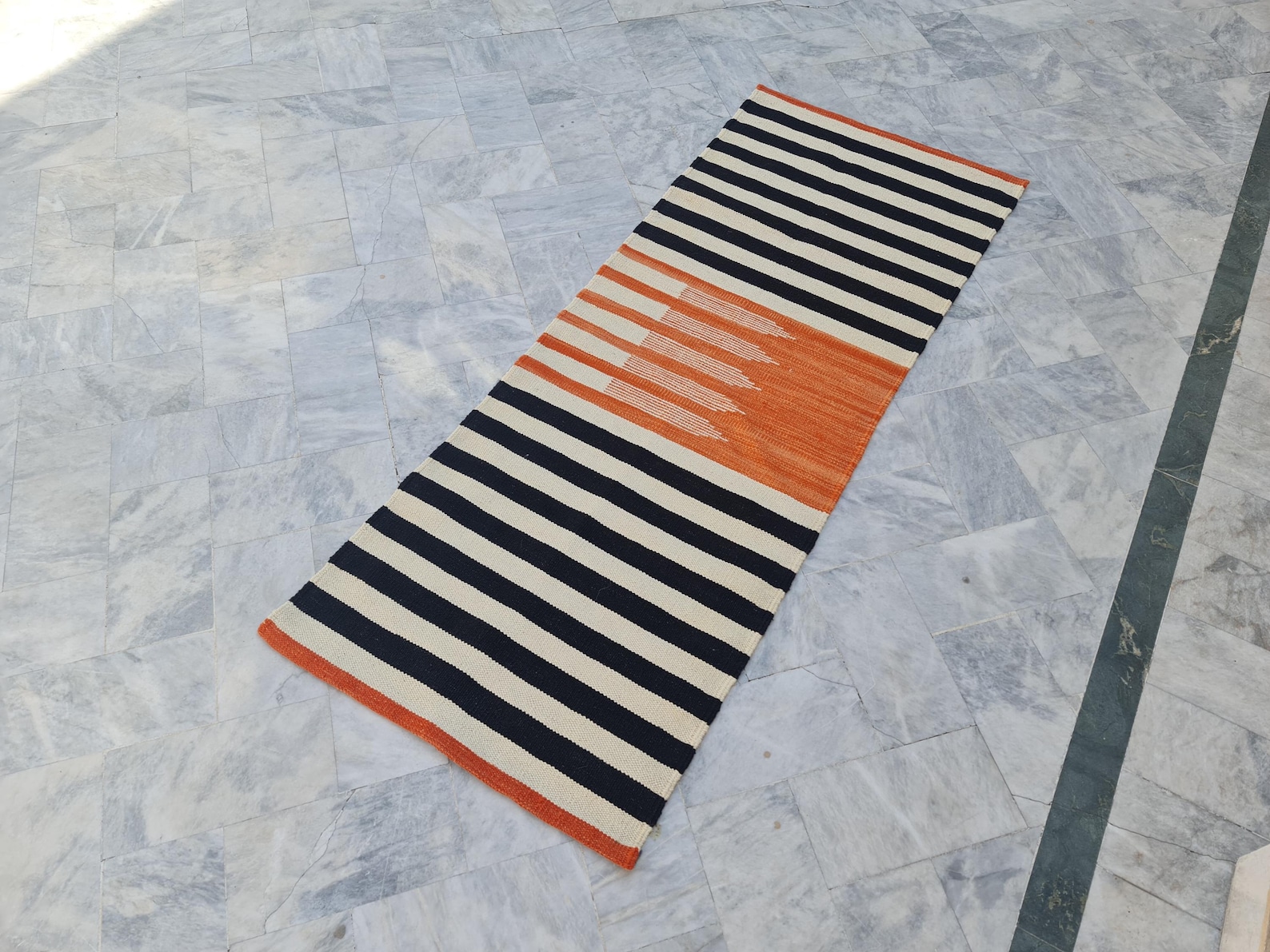 Long Area Rug, White Black Orange Rug, Wool Rug, Hallway Runner, Office ...