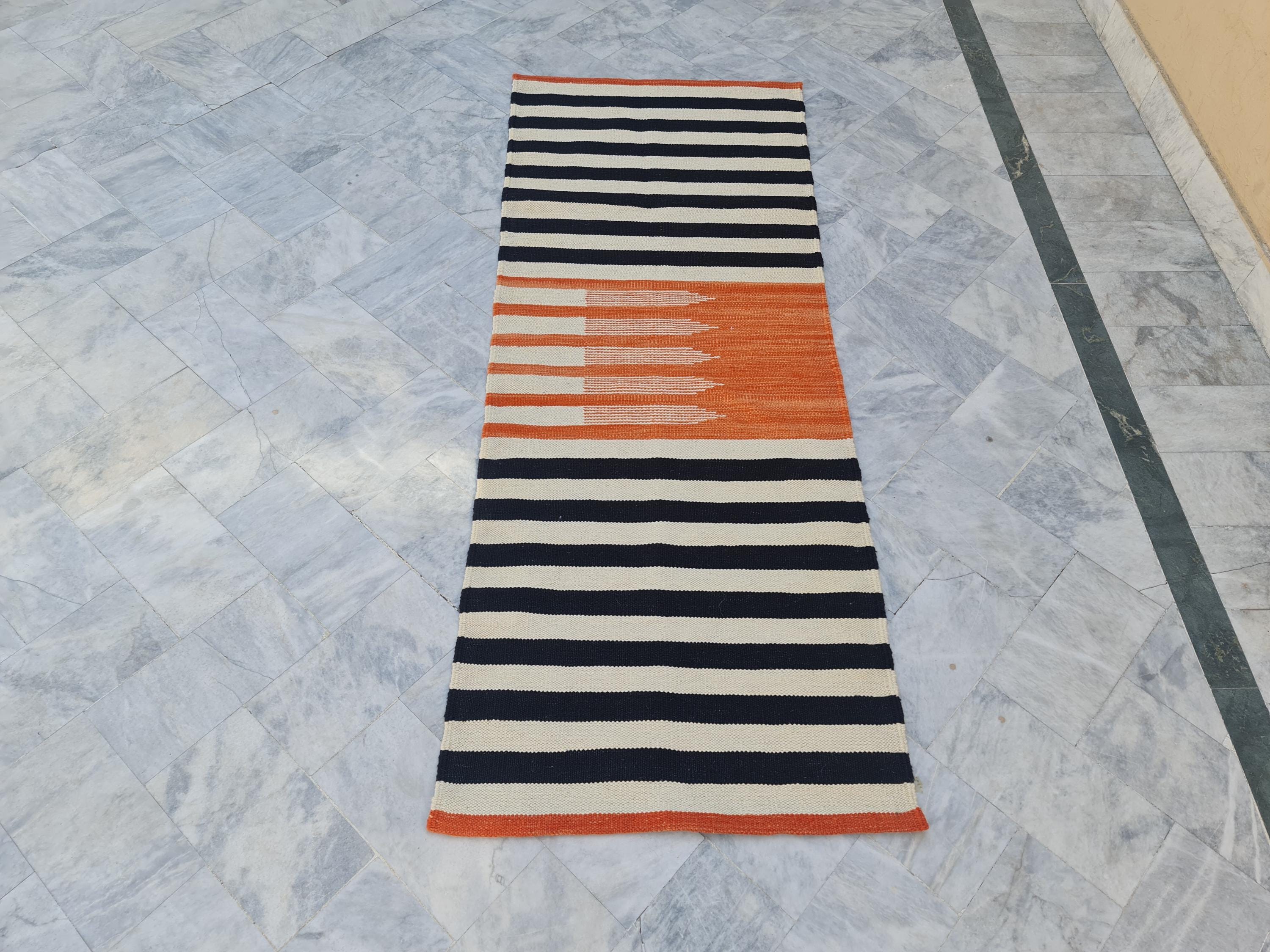Long Area Rug, White Black Orange Rug, Wool Rug, Hallway Runner, Office ...