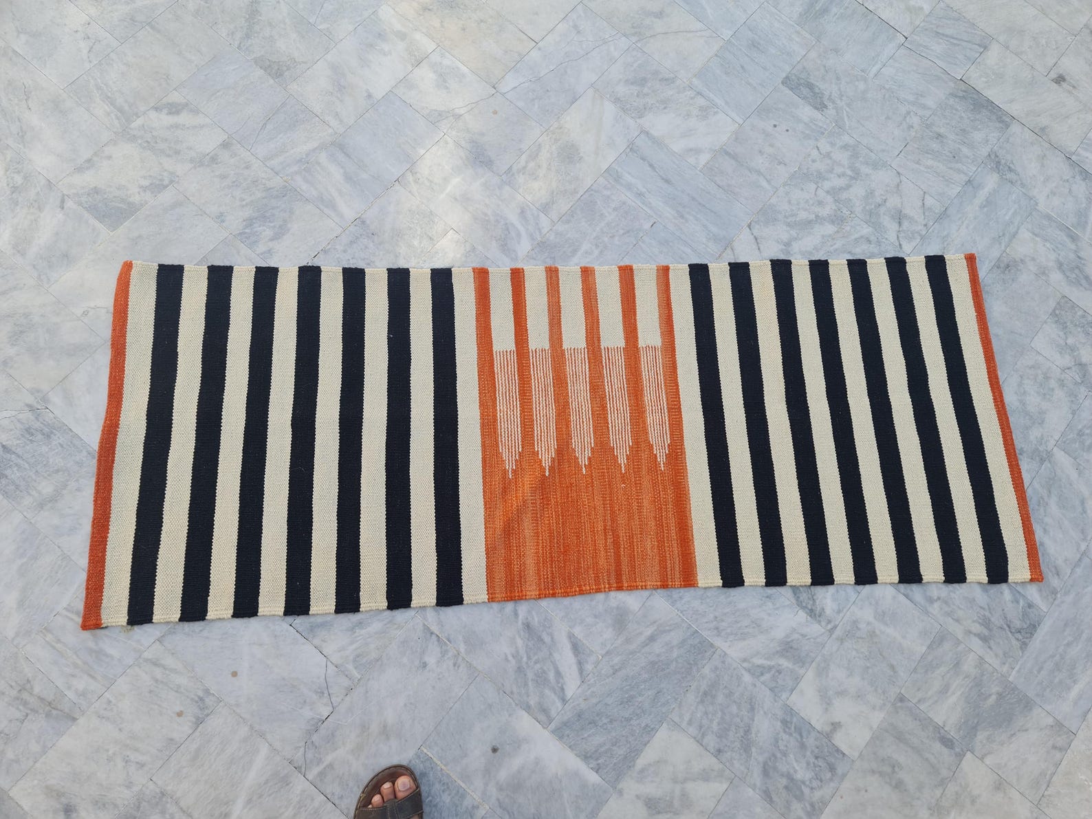Long Area Rug, White Black Orange Rug, Wool Rug, Hallway Runner, Office ...